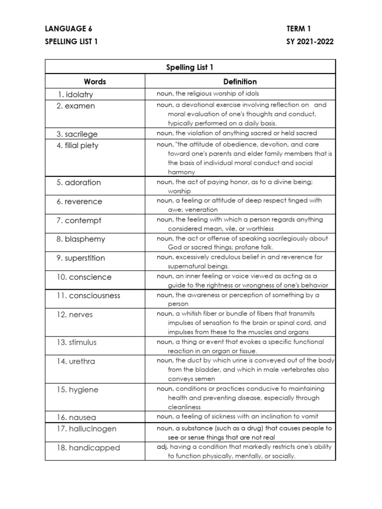 LNG6_HO_Spelling_List#1 | PDF | Worship
