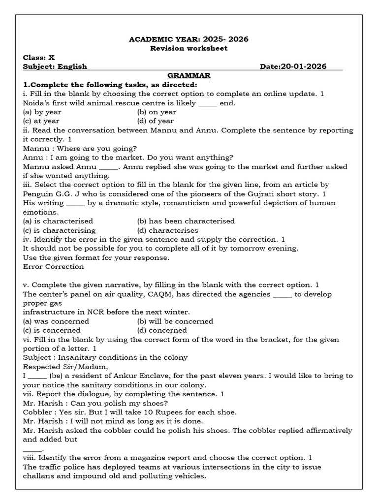 English Grammar Revision Worksheet 2025-26 | PDF