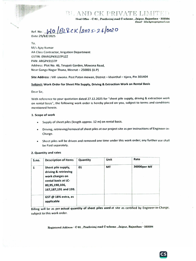 Sheet Pile Work Order | PDF