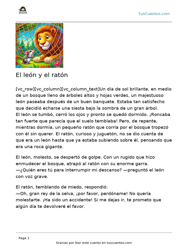 El león y el ratón: amistad y lecciones | PDF