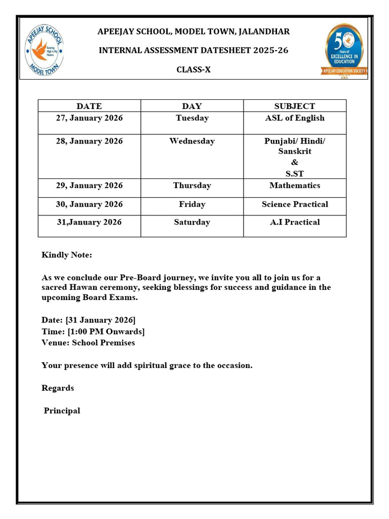 Date Sheet Internal Assessment | PDF