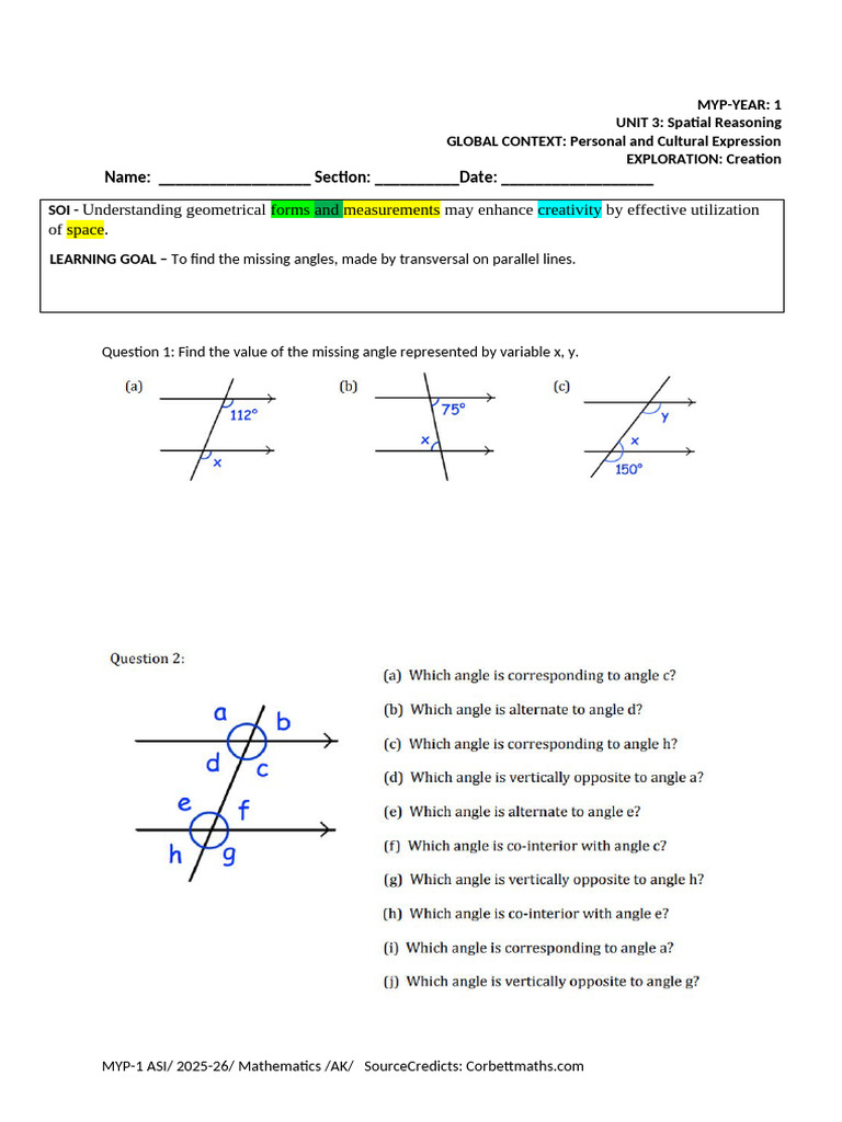 Unit 3 Angles Formed by Transversal | PDF