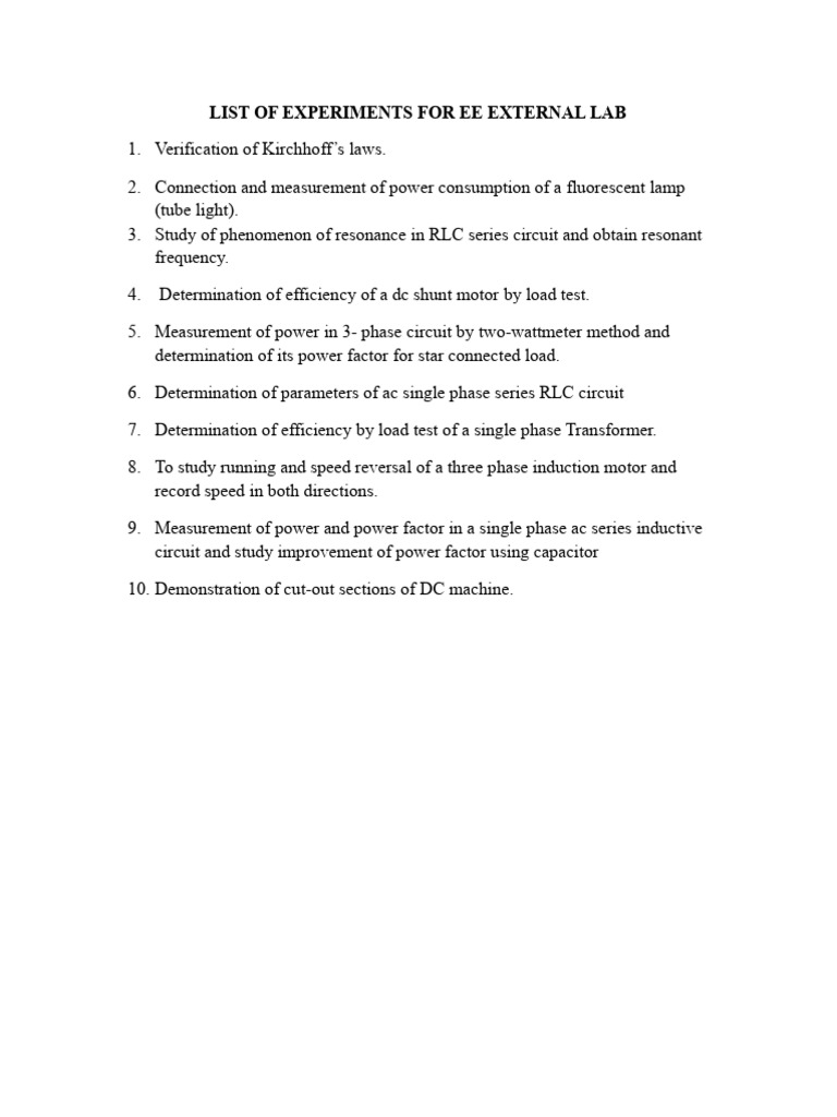 List of Experiments for Ee External Lab | PDF