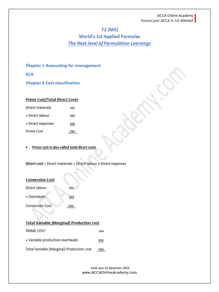 f2 Formulas Notes Acca Online Academy.com | PDF | Cost Of Goods Sold ...