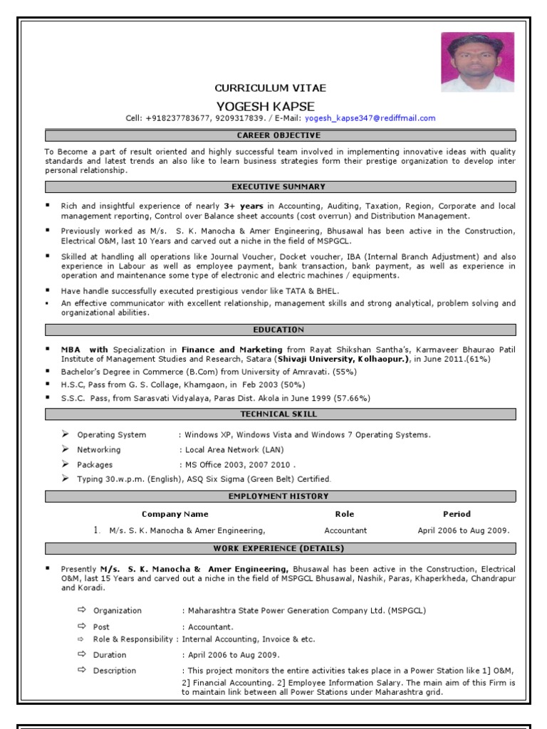 CV of Yogesh Kapse | PDF | Power Station | Accounting