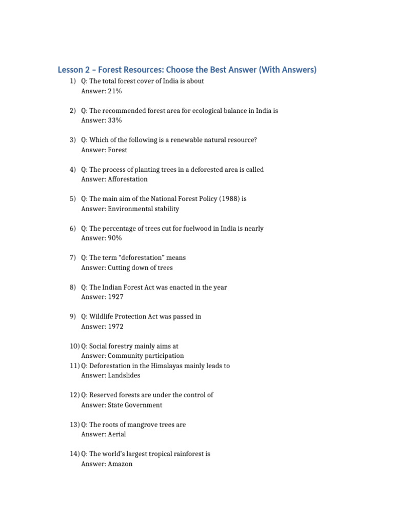 Forest Resources Quiz with Answers | PDF | Forests | Deforestation