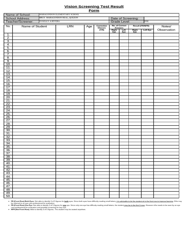 Vision Screening Test Result Form Screeners 2 | PDF