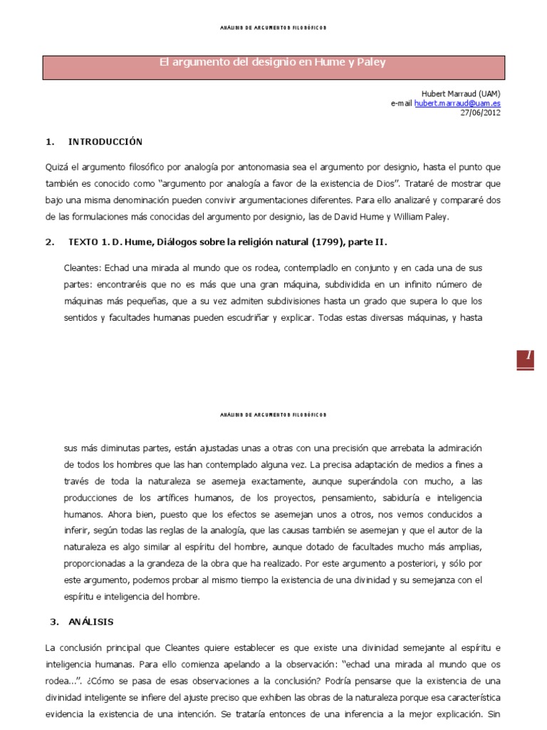 El Argumento Por Designio en Hume y Paley | PDF | Analogía | Existencia