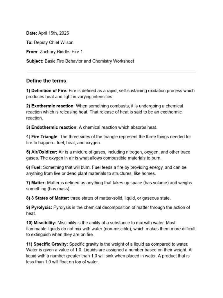 Basic Fire Behavior and Chemistry Worksheet | PDF | Atmosphere Of Earth ...
