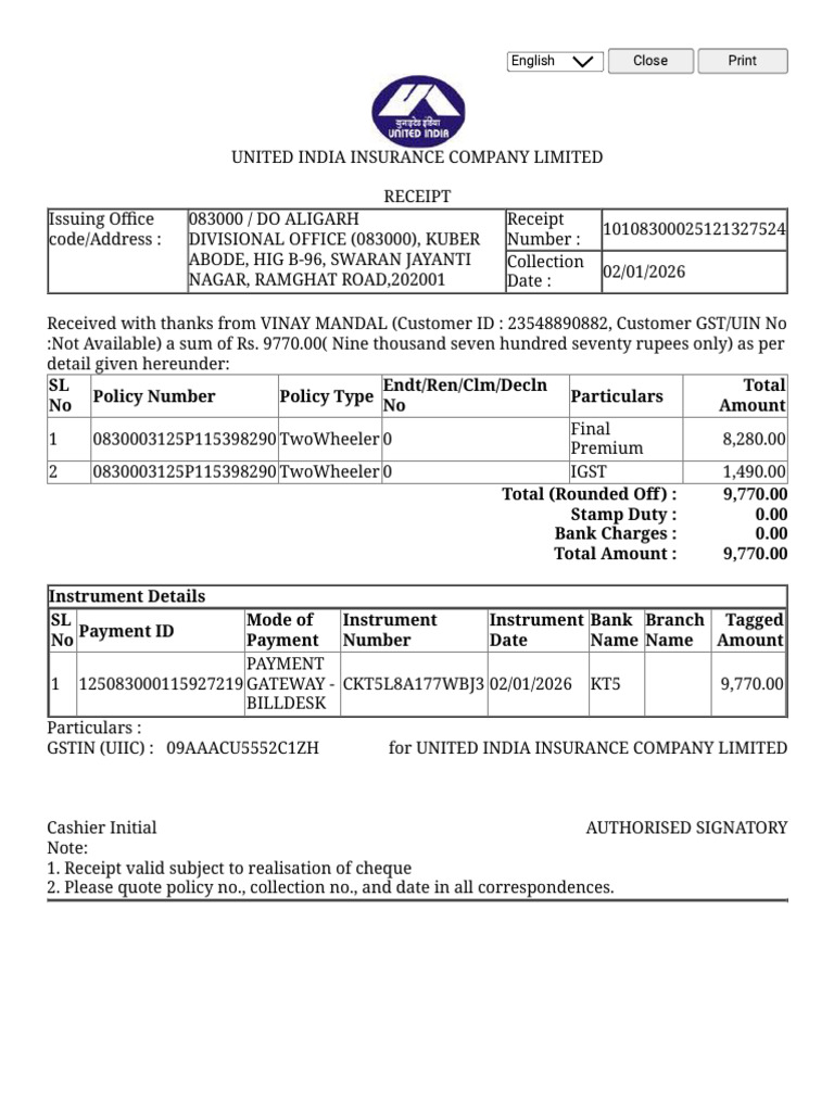 Vinany Mandal Payment Receipt | PDF