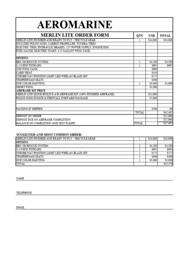 Merlin Lite Order Form | PDF | Land Vehicles | Motor Vehicle