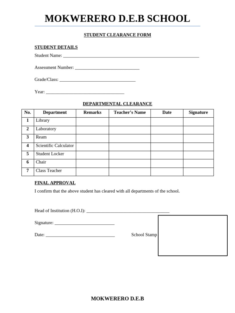 Entanda Deb School Clearance Form | PDF