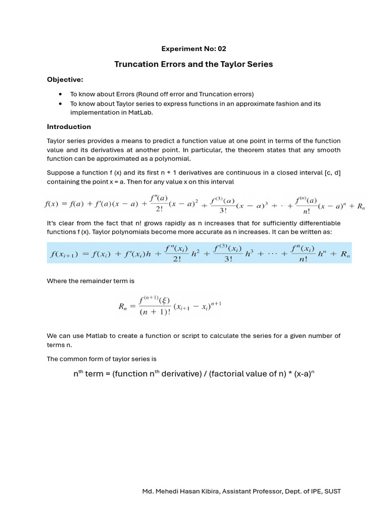 Taylor Series and Truncation Errors in MATLAB | PDF | Derivative ...