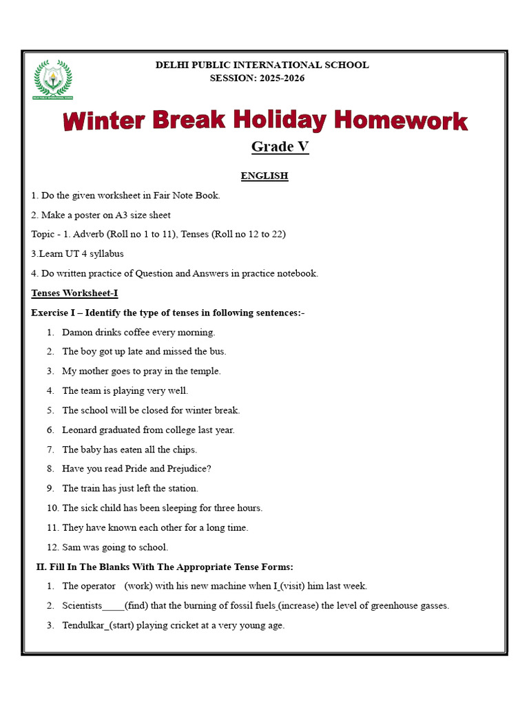Grade 5 - Winter Holiday | PDF | Grammatical Tense | Verb