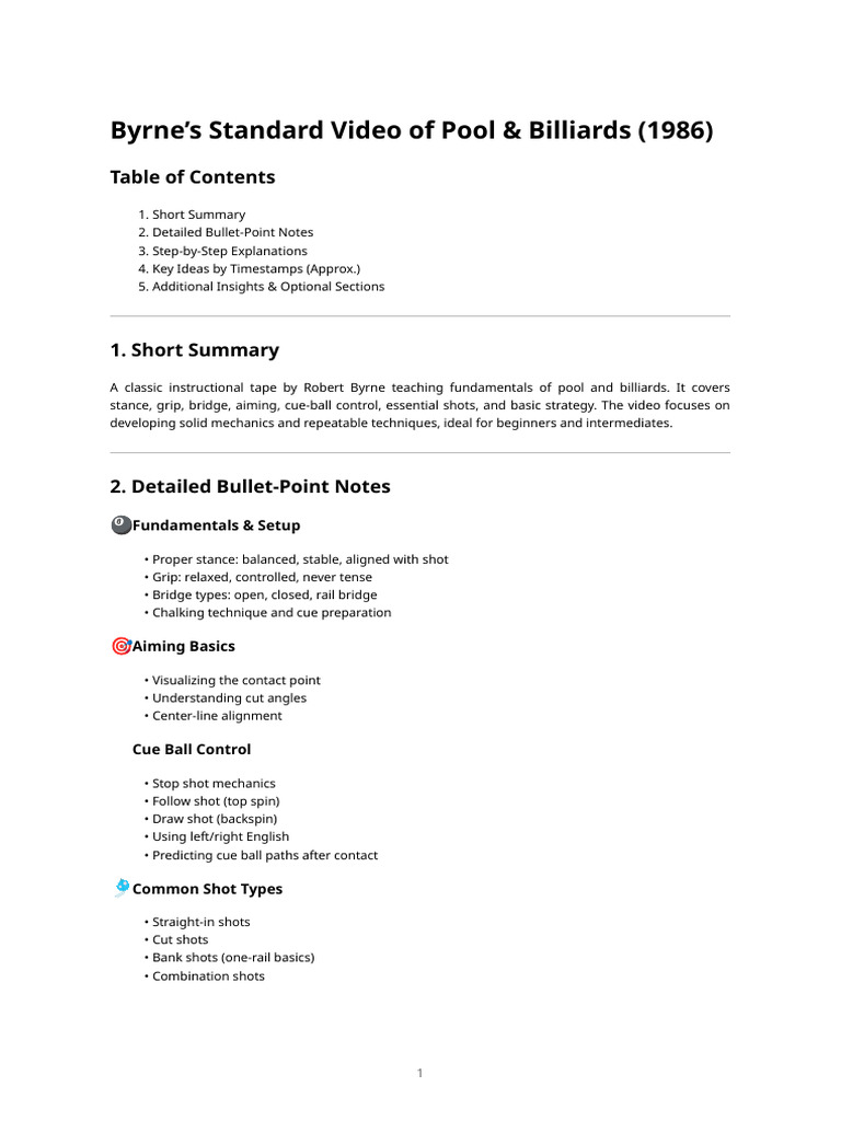 Byrne Pool Video Summary | PDF | Cue Sports | Ball Games