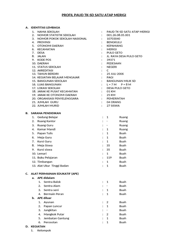 PROFIL TK-SD SATU ATAP MERIGI | PDF
