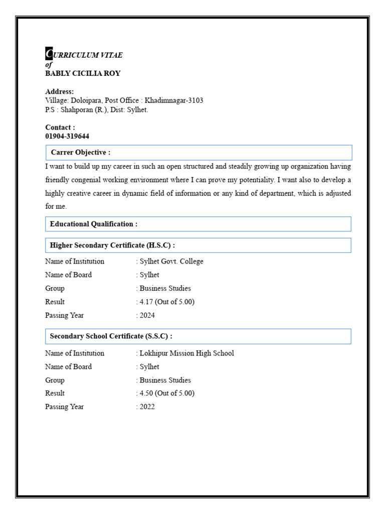 Curriculum Vitae of Bably Cicila Roy | PDF