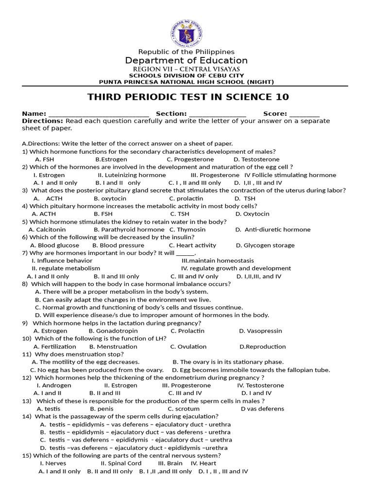 Science 10 Periodic Test: Hormones & Functions | PDF | Menstrual Cycle ...