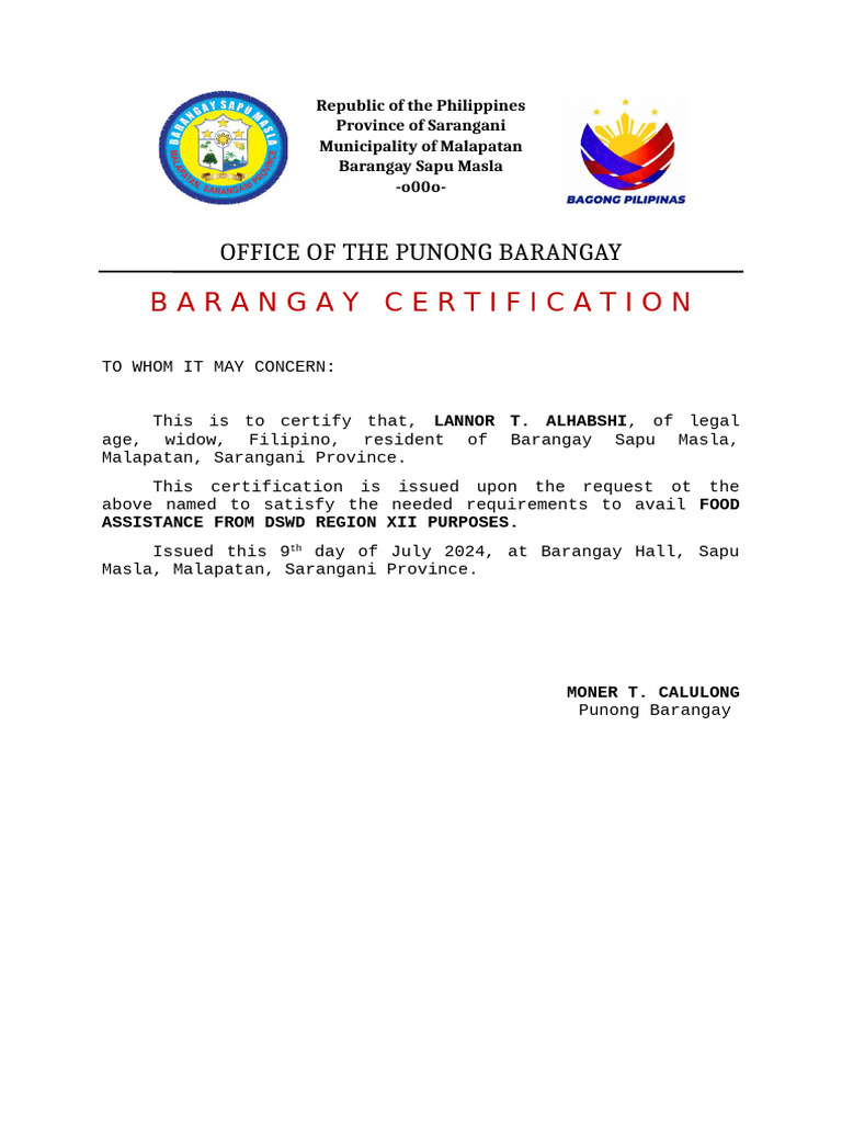 Barangay Certification for Food Assistance | PDF