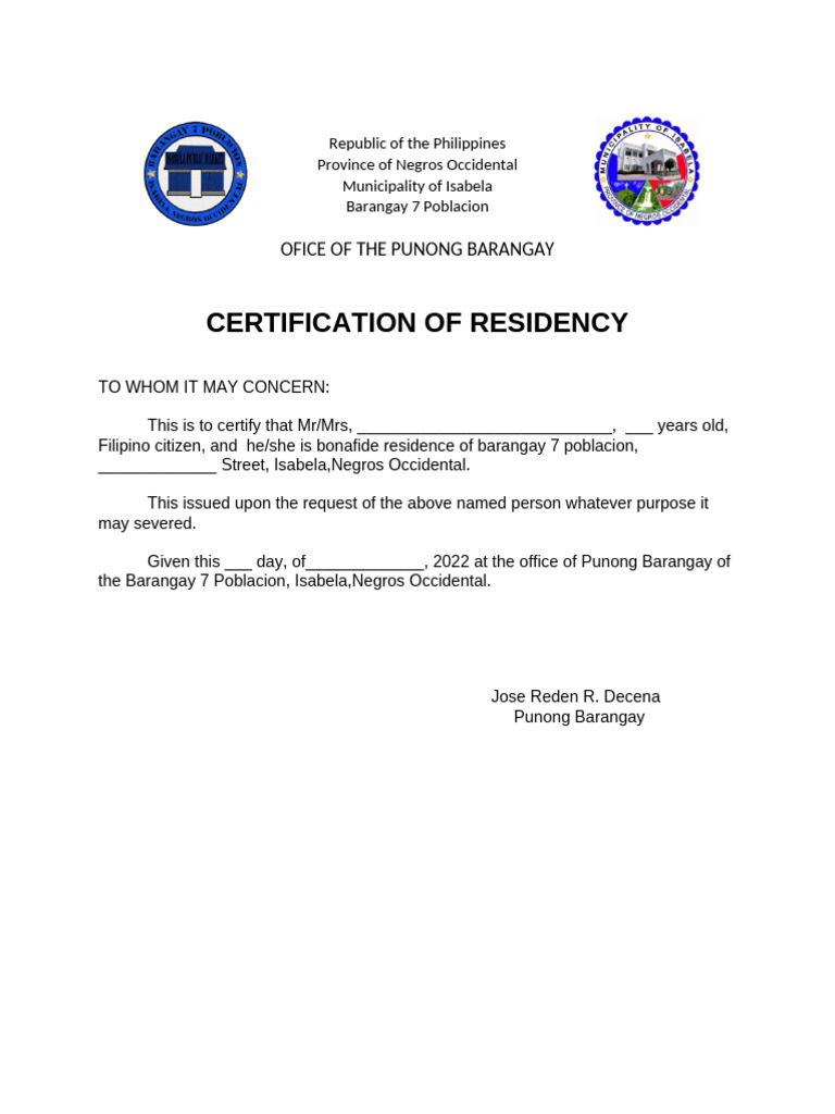 Residency Certification - Barangay 7 Isabela | PDF