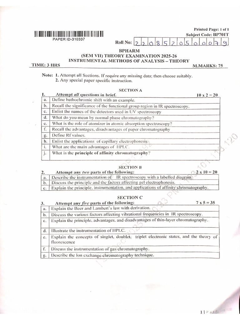 2025-26 Instrumentation Methods of Anlysis Bp-701t | PDF