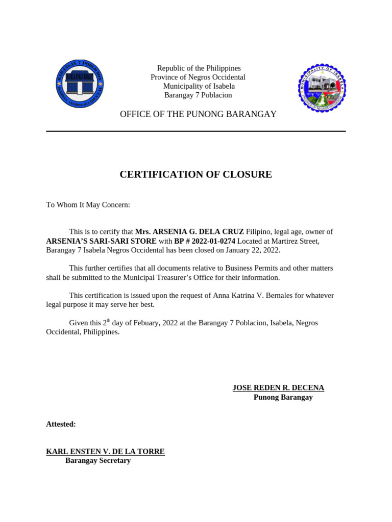 Certification of Business Closure in Isabela | PDF