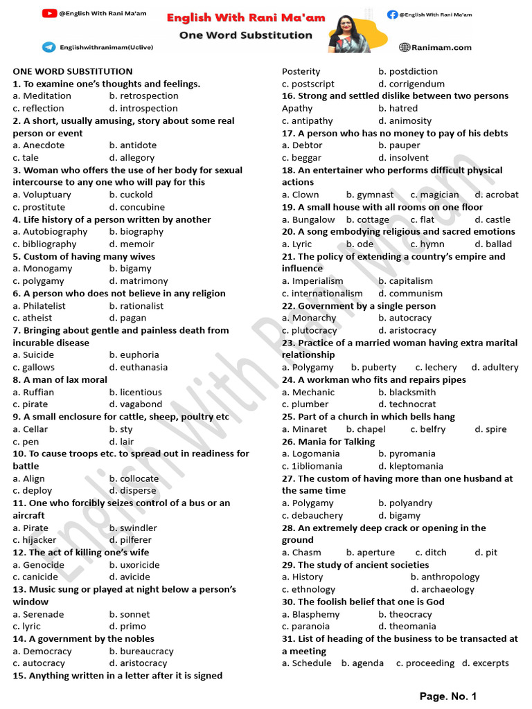 One Word Substitution Printable | PDF | Polygamy