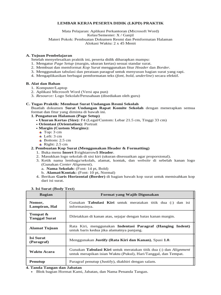 LKPD Praktik Microsoft Word Kelas X | PDF