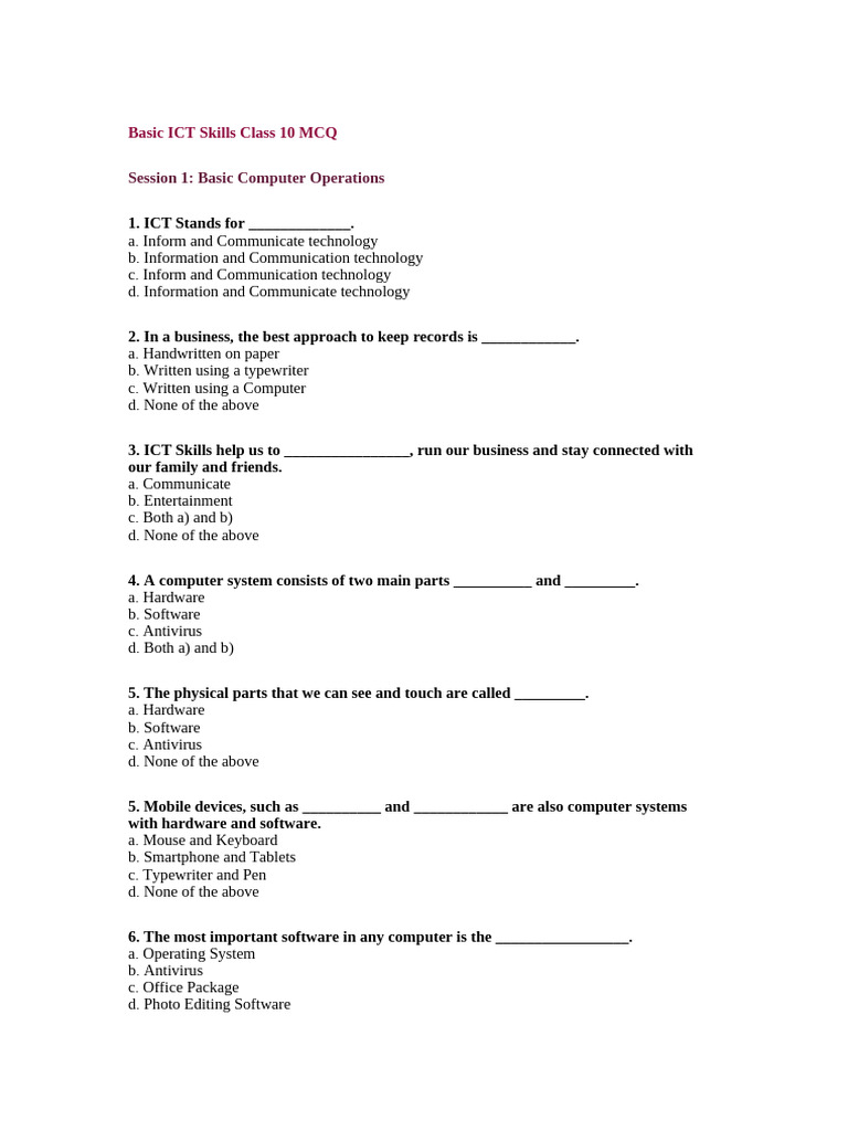 Class 10 ICT Skills MCQ Guide | PDF | Operating System | Computer Virus