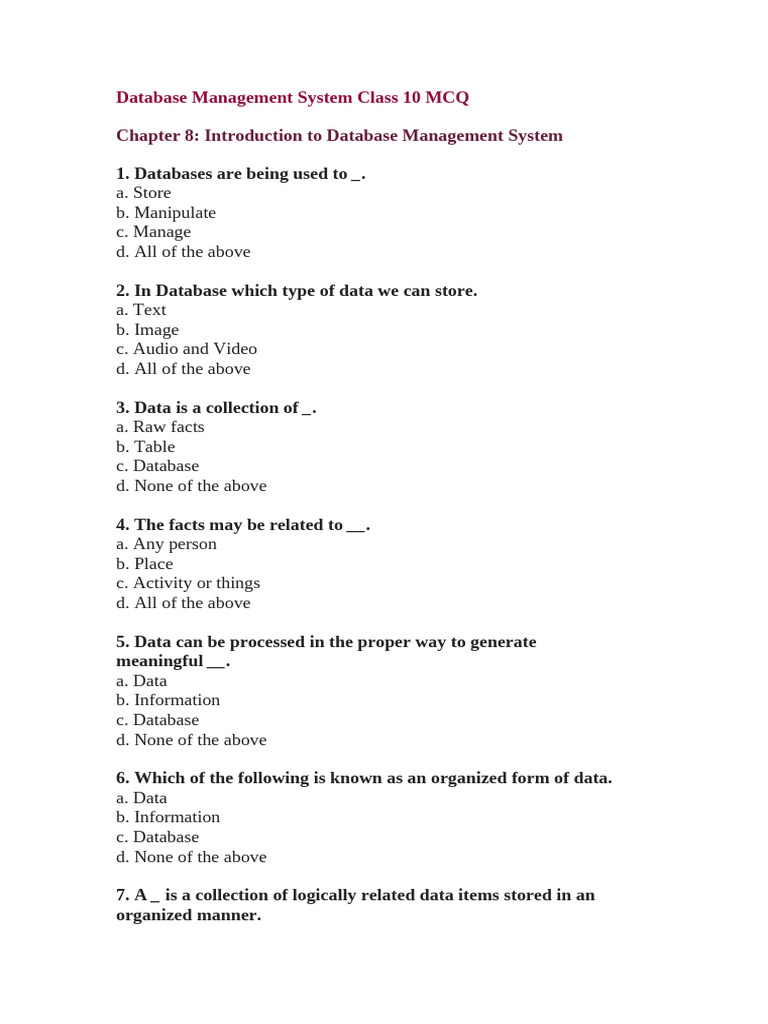 Database Management System Class 10 MCQ | PDF | Relational Database ...