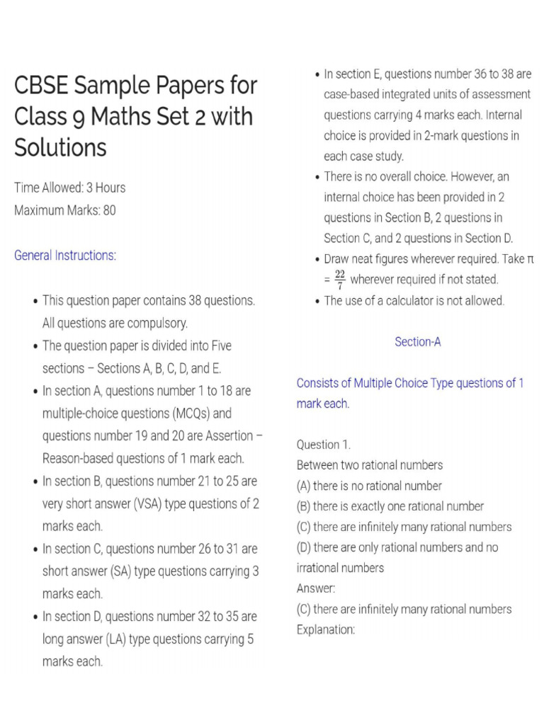 Class 9 Maths Sample Paper Set 2 | PDF