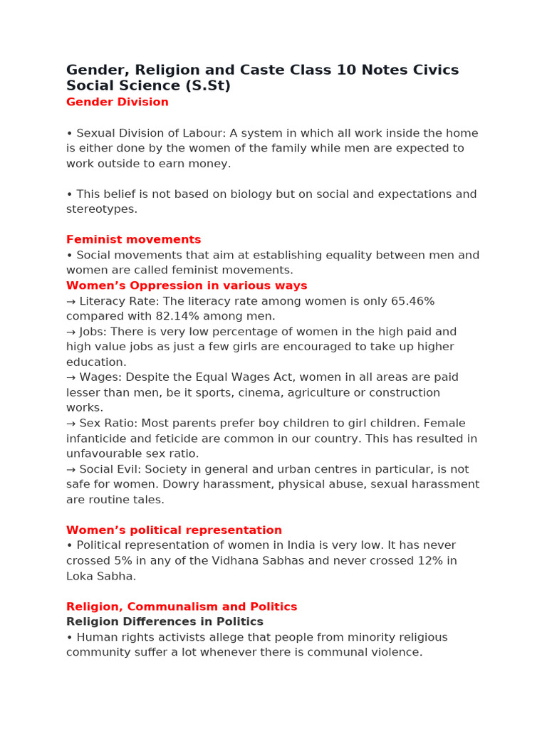 Gender Caste Religion Synopsis Grade10 | PDF | Woman | Caste