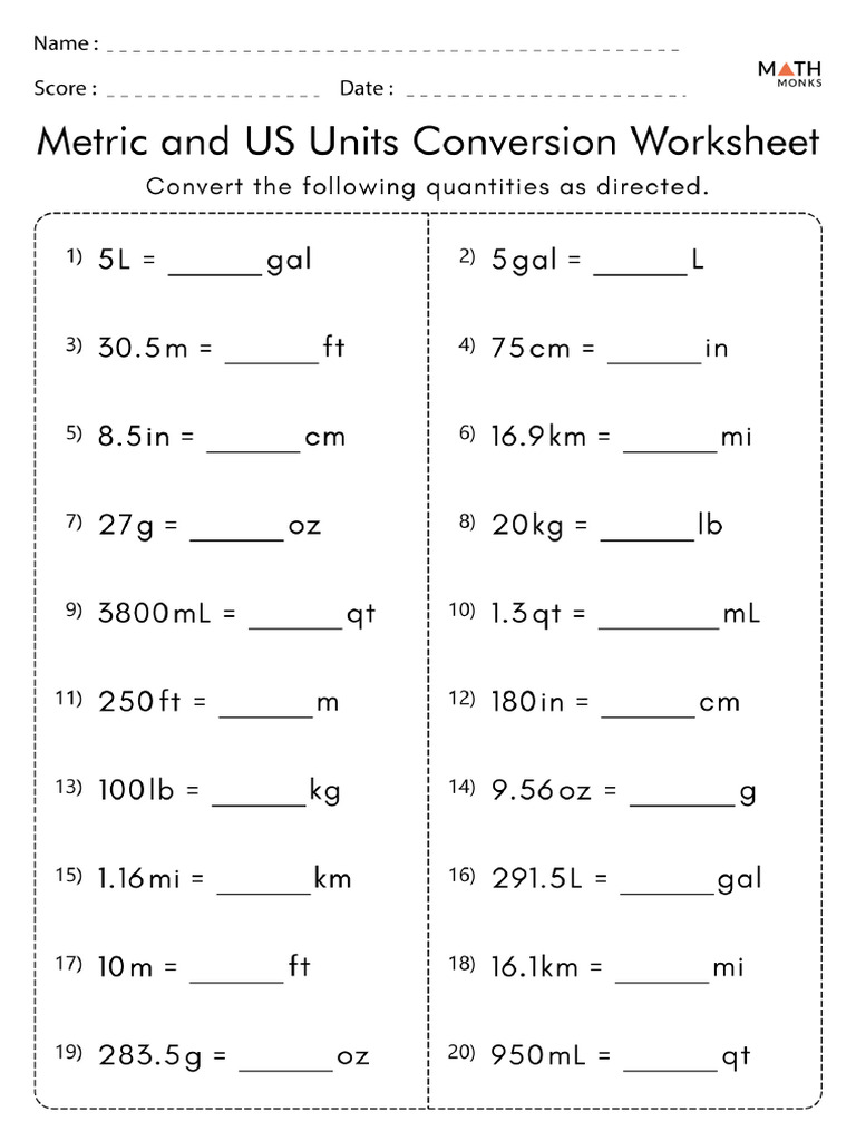 Metric Units to US Conversion Worksheet | PDF