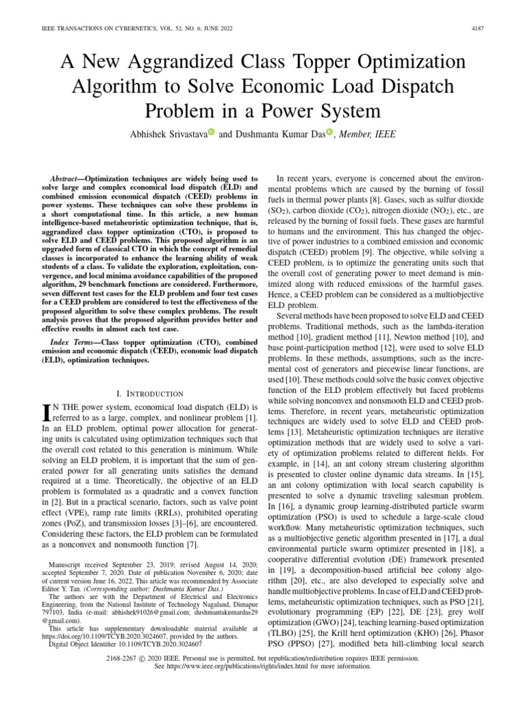 A New Aggrandized Class Topper Optimization Algorithm to Solve Economic ...