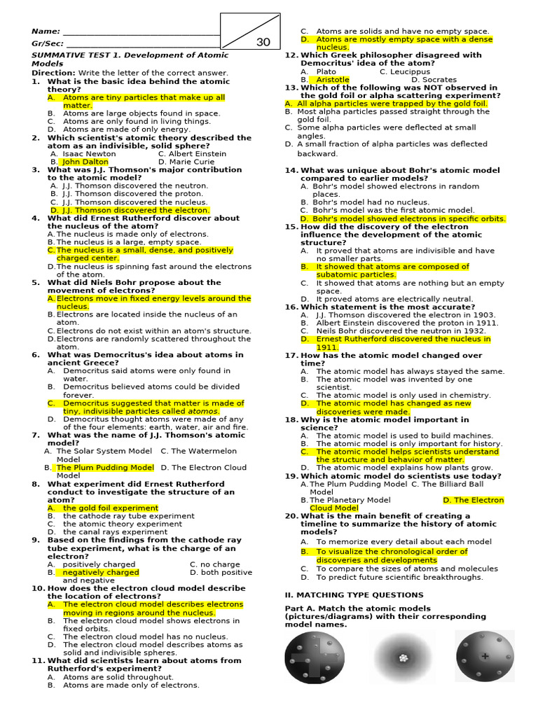 Q2 Summative1 Atomic Models Answer Key | PDF | Atoms | Atomic Nucleus