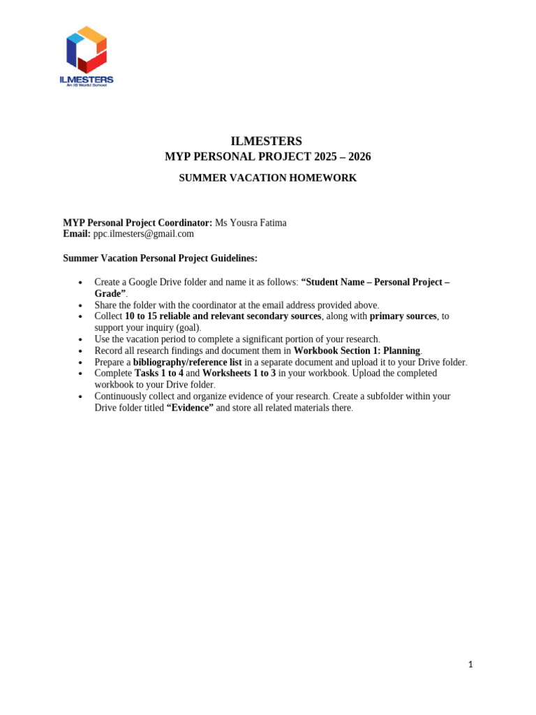 Personal Project Summer Vacation Homework (1) | PDF