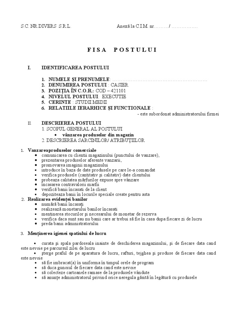 Fisa Post Vanzator | PDF