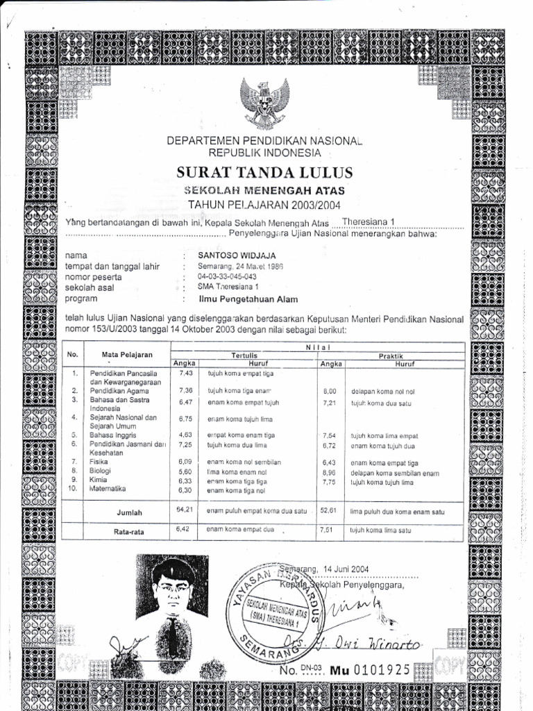 Surat Keterangan Lulus Ujian Nasional | PDF