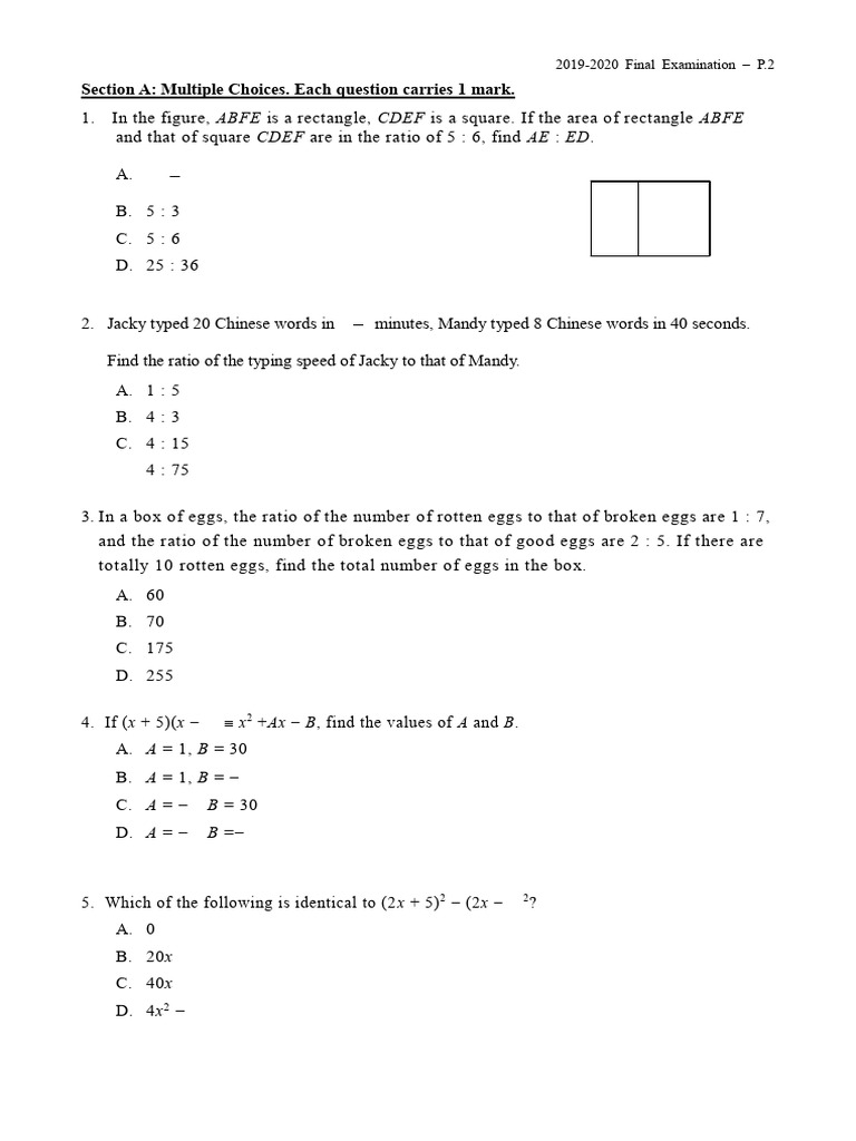 S2 Math Final Exam Question-Answre Book 2019-2020 | PDF | Area | Angle