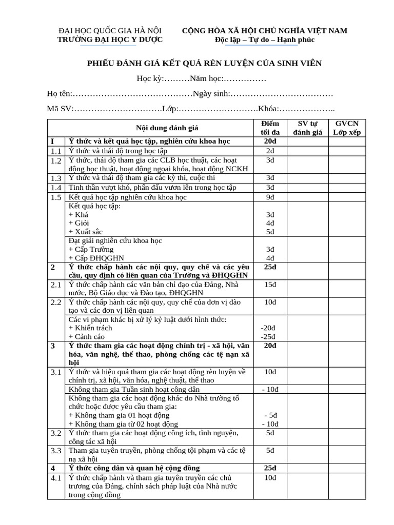 MẪU-PHIẾU-ĐÁNH-GIÁ-KẾT-QUẢ-ĐIỂM-RÈN-LUYỆN-SINH-VIÊN | PDF