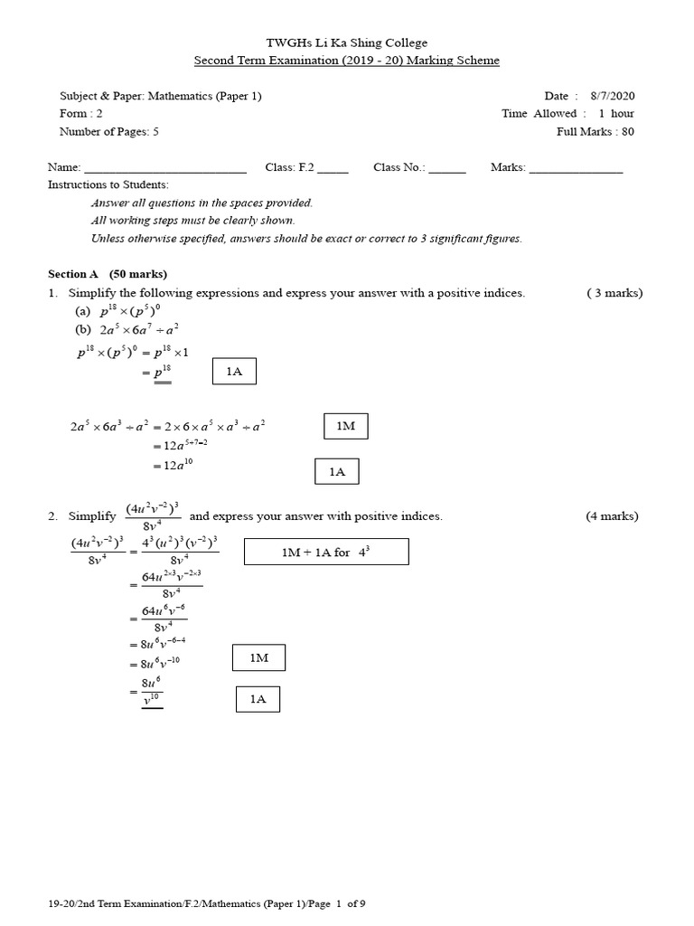 F.2 Mathematics 2019-20 Exam Marking Scheme | PDF | Area | Mathematics