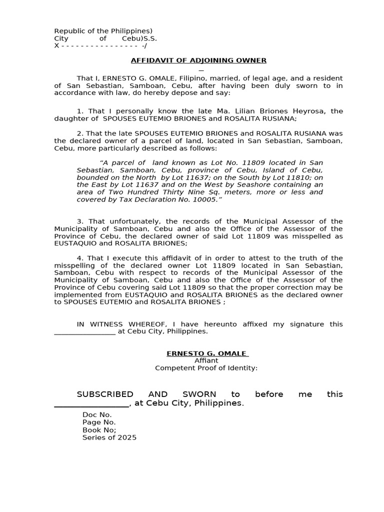 Affidavit of Two of Adjoining Owners Lcaerna Briones Lot 11809 ERNESTO ...