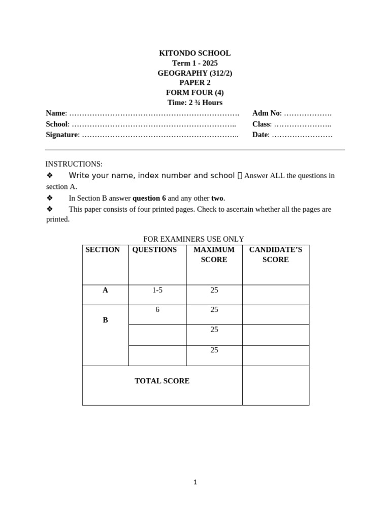 Geography Exam Paper - Form 4 Term 1 2025 | PDF | Pastoralism ...