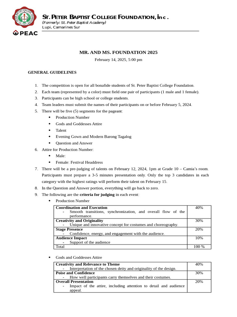 Mr. and Ms. Foundation 2025 Guidelines | PDF