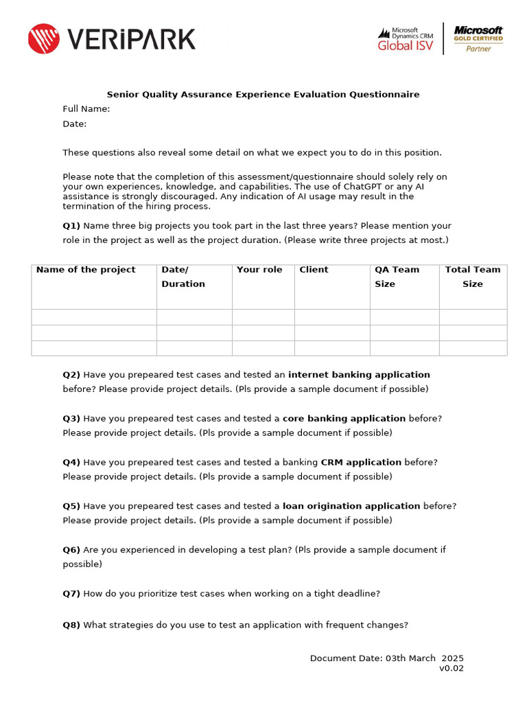 Senior QA Experience Evaluation Form | PDF