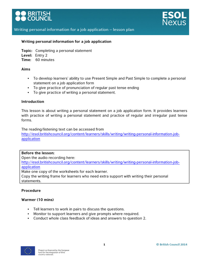 Personal Info Job App Lesson Plan | PDF | Cognition | Human Communication