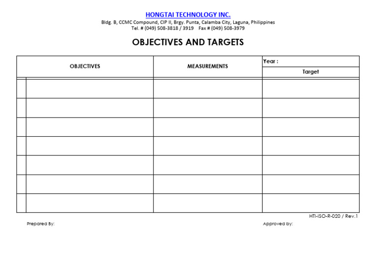 HTI-IsO-R-020 - Quality Objectives and Targets - Rev. 1 | PDF