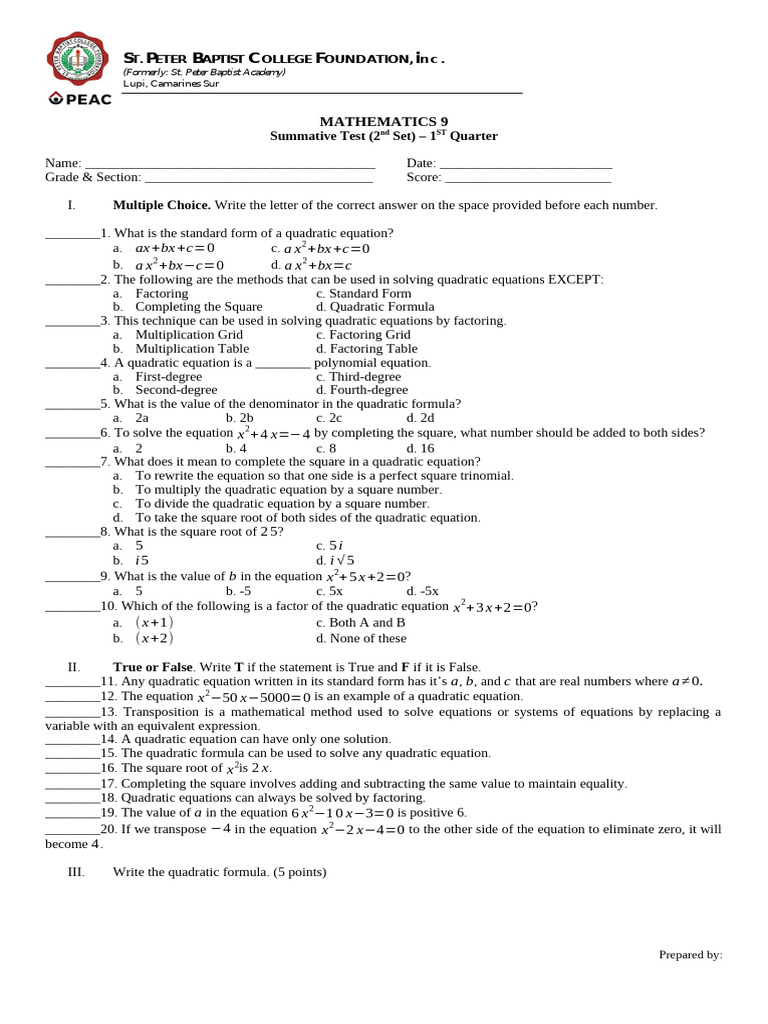 1st Summative Test_Math 9_2nd Draft | PDF | Equations | Quadratic Equation