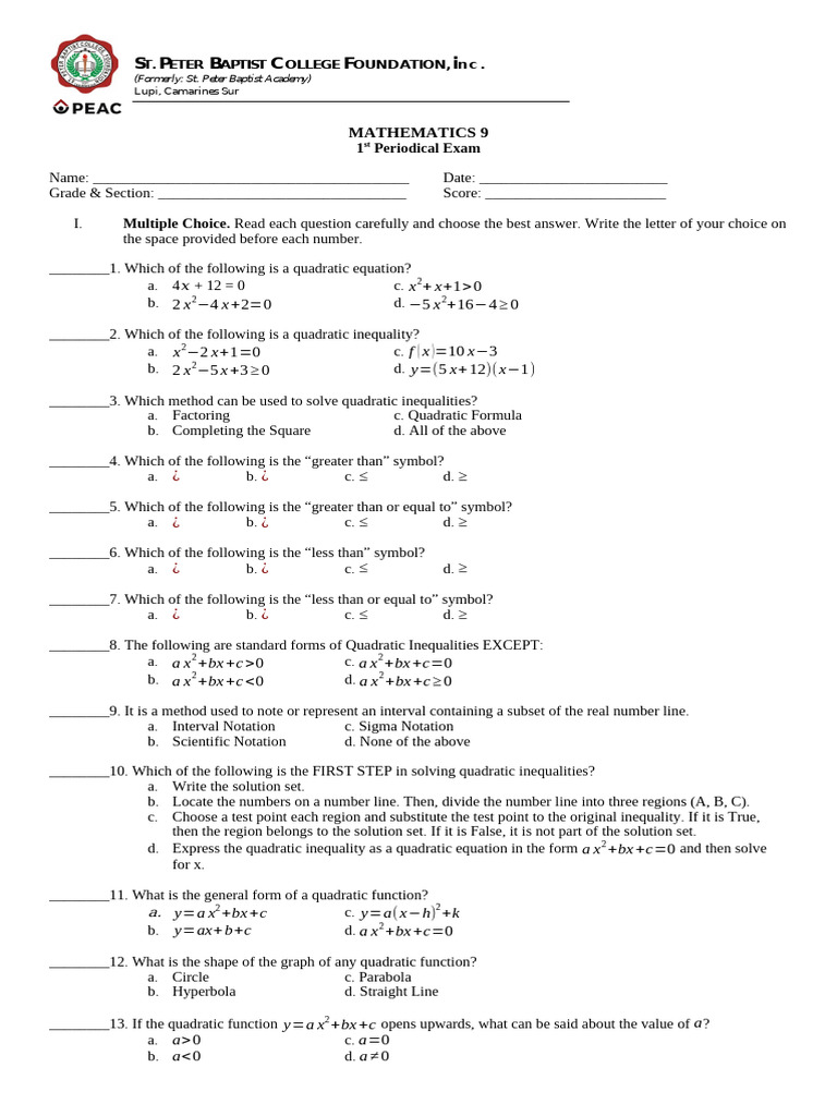 1st Periodical Test_Math 9 | PDF | Inequality (Mathematics) | Quadratic ...