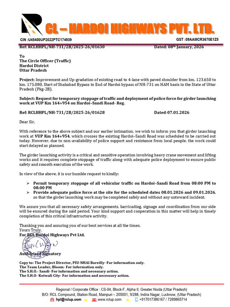 Letter No. 01630 Dated- 08.01.2025 (Request for Temporary Stoppage of ...